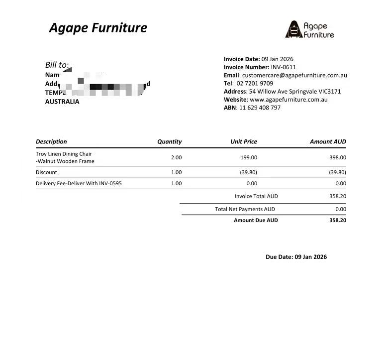 Payment link for INV0611-$358.2 | Agape Furniture
