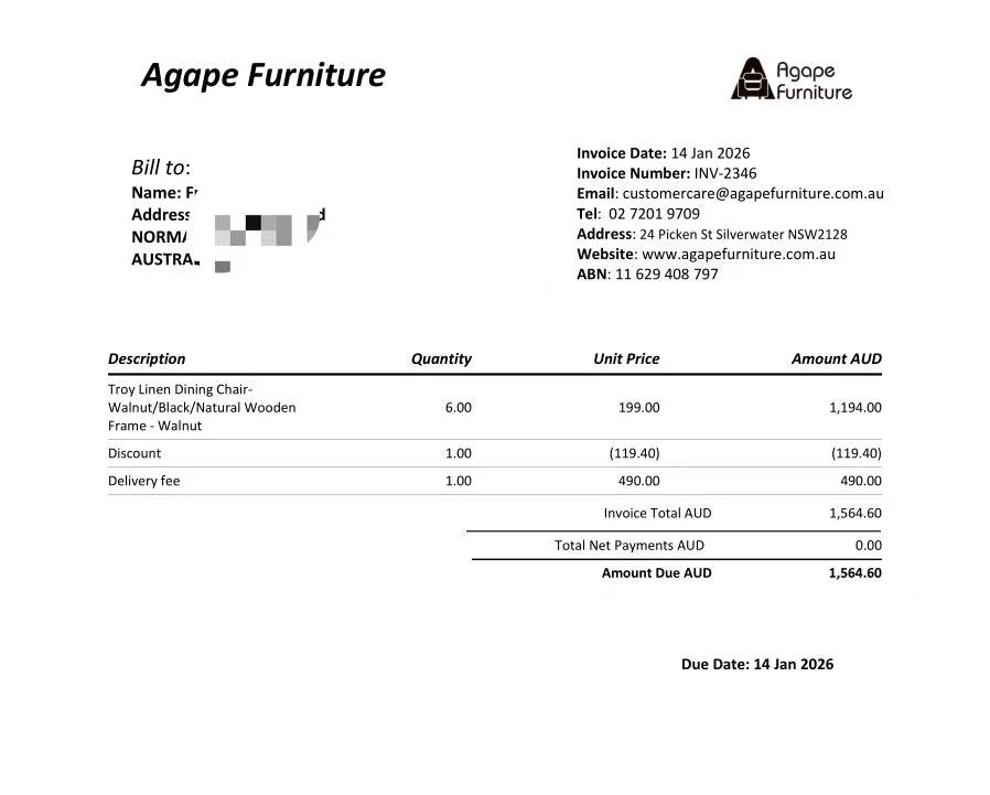 Payment link for INV2346-$1564.6 | Agape Furniture